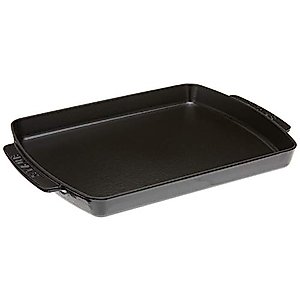 Staub Cast Iron 13 x 9-inch Rectangular Serving Dish with Wood Base - Matte Black, Made in France