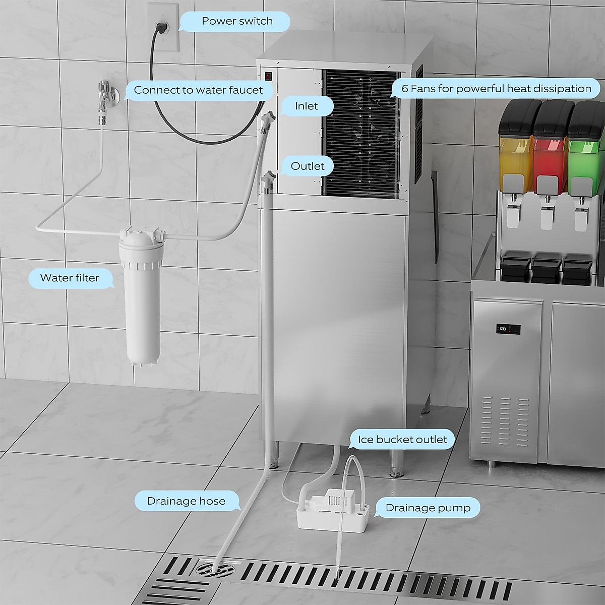 Ice Machine Commercial Ice Maker Machine Large Industrial Stainless Steel Freestanding Ice Machine 410Lbs/24H with 400LBS Storage Bin Ice Ready in 7-12 Mins, Clear Cube Ice (410Lbs/24H)
