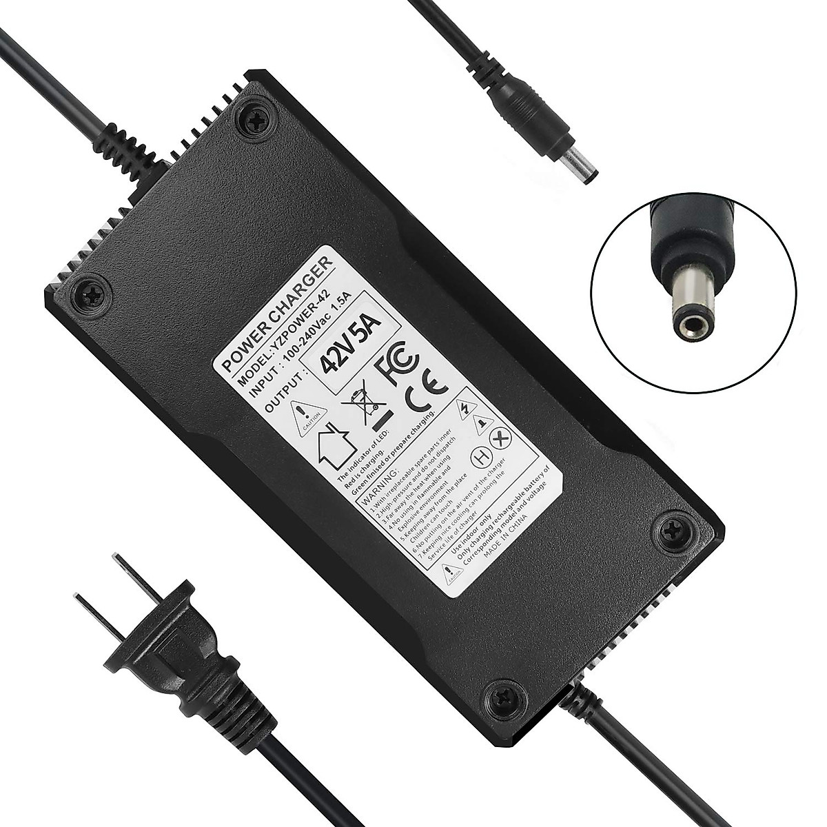 YZPOWER 42V 5A Battery Charger for Electric Bike Electric Scooter 36V Lithium Battery Pack 5.5mm 2.1mm Connector