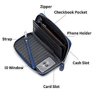 Moflycom Womens Wallet RFID Blocking Genuine Leather Multi Credit Card Large Capacity Zip Around Clutch Travel Purse Wristlet