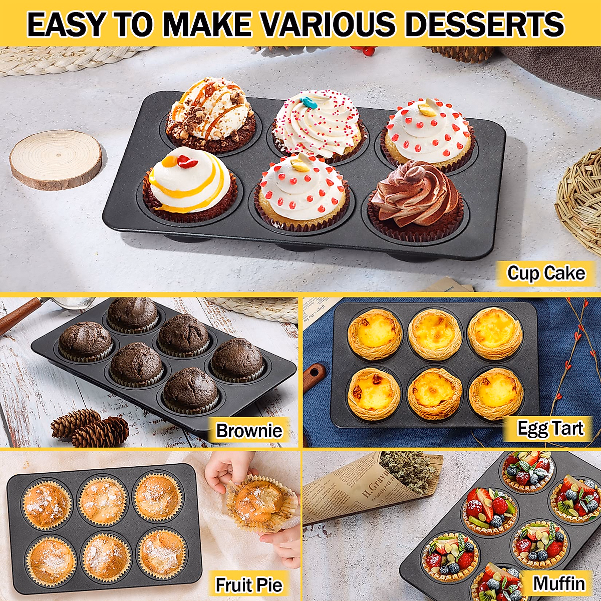 P&P CHEF 6-Cup Muffin Pan Tray Set of 2, Cupcake Pans, Nonstick Coated Stainless Steel Muffin Tin for Baking Mini Egg Cake Brownie Tart, Easy Release & Healthy, Standard Cup Size, Black