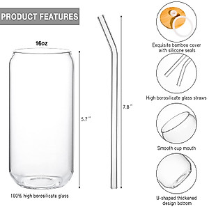 Kxuhivc 1 Pack Glass Cup, 16oz Drinking Glass with Bamboo Lid and Straw, Beer Glass Tumbler for Mojito Soda Smoothies Whiskey Iced Coffee Cocktail Tea Juice