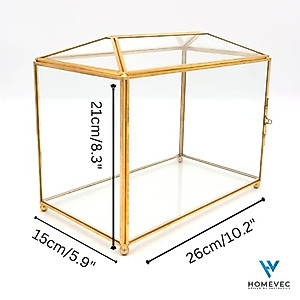 Homevec 10” Gold Glass Card Box for Wedding Reception, Honeymoon Fund, Graduation, Birthday or Baby Shower - Handmade Gold Terrarium Box with Lock for Envelopes and Gifts - 10.2 L x 5.9 W x 8.3 H”