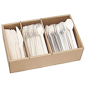 FirstChoice EcoNaturals 300 Count Disposable Wooden Cutlery Set, 100 Forks, 100 Spoons, 100 Knives, Wooden Utensils in Paper Box with Sectional Tray