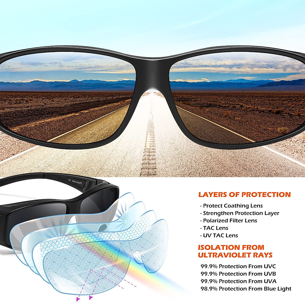 HYBBEI Sunglasses Fit Over Glasses, Polarized 100% UV Protection Wrap-around Sunglasses for Men & Women Driving