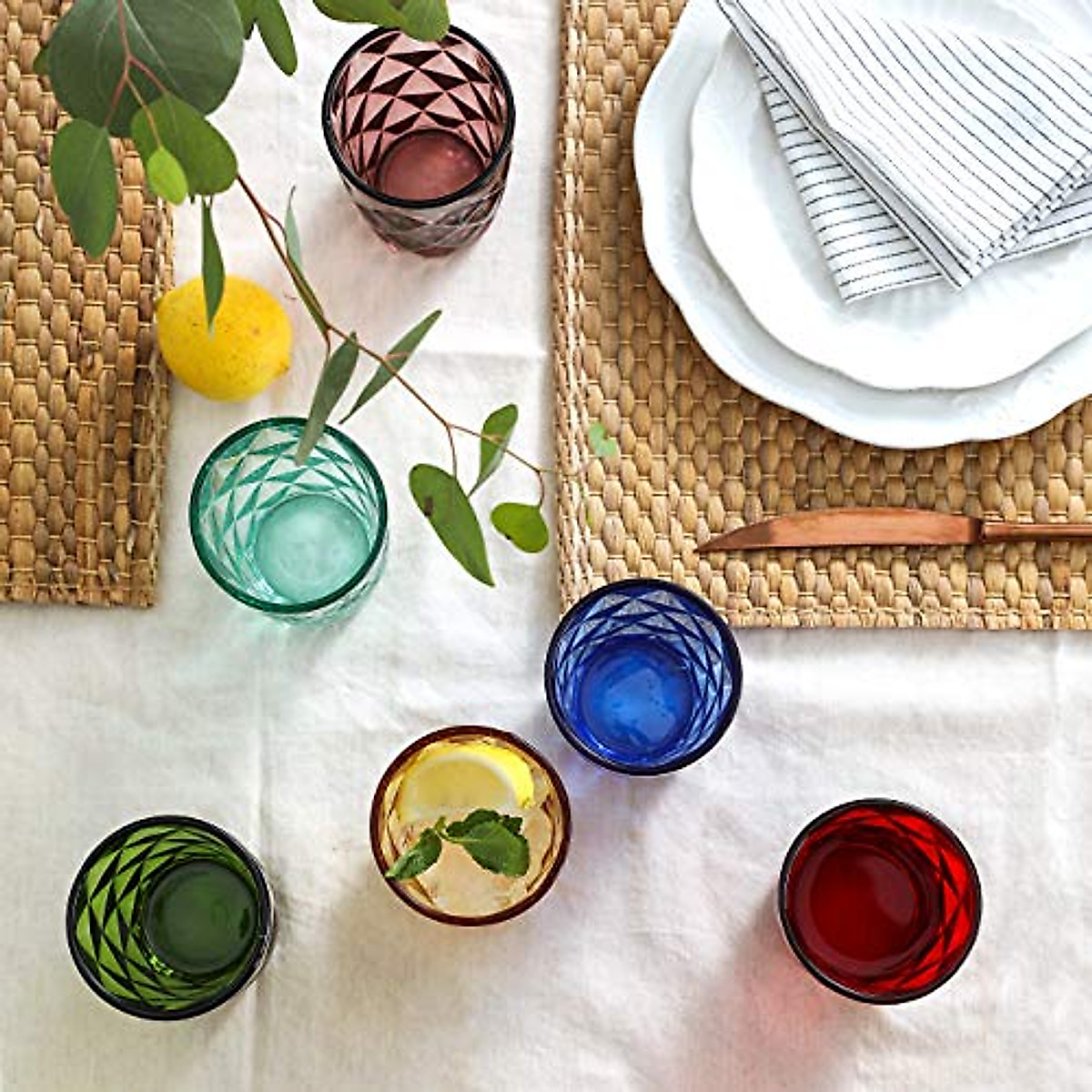 EAST CREEK Double Old Fashioned Glasses Beverage Glass Cup,Colored Glass Drinkware 12 Ounce Water Glasses Multi Color Diamond Pattern Set of 6