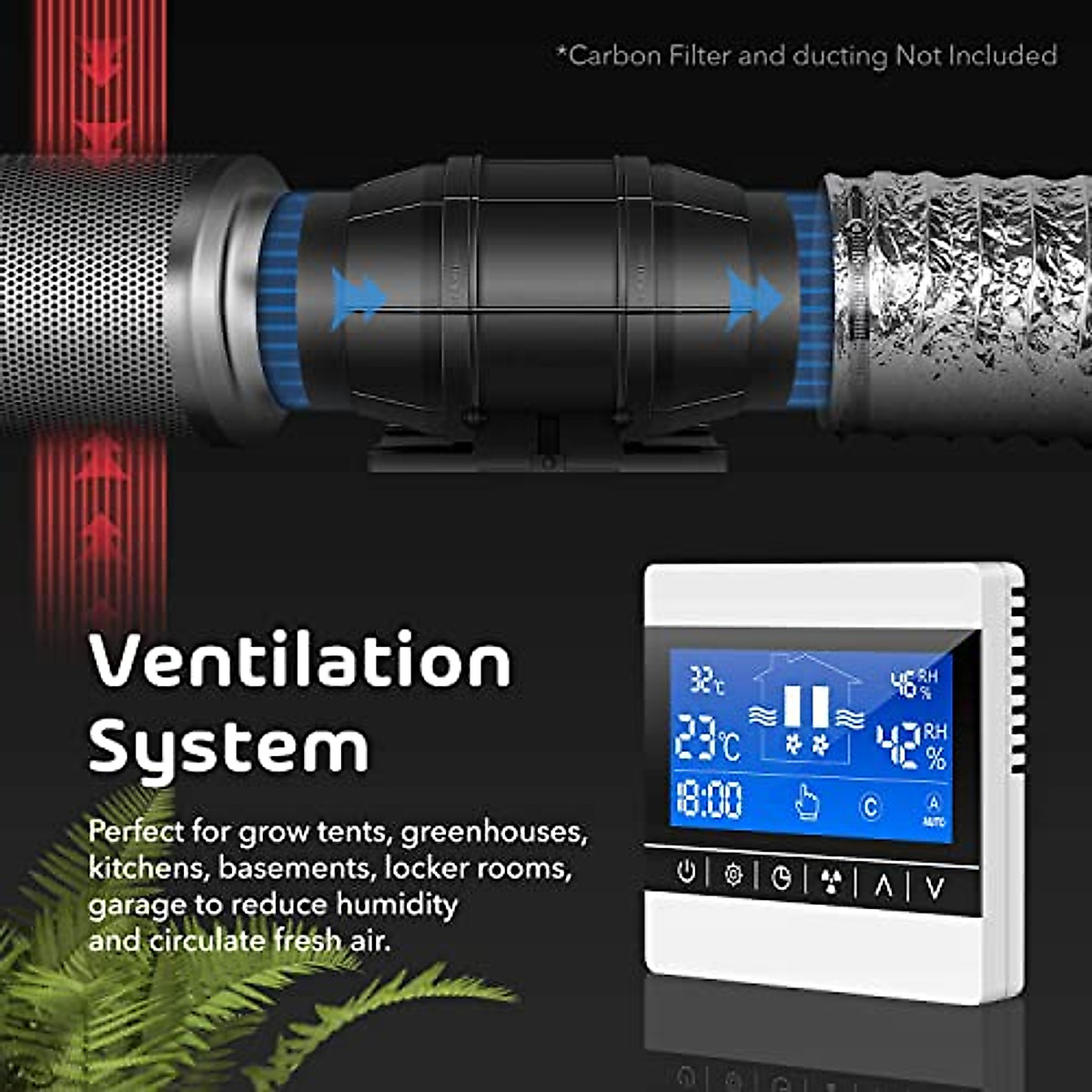 iPower 6 Inch 324 CFM Inline Duct Fan with Speed Humidity Temperature Controller for Grow Tent Ventilation