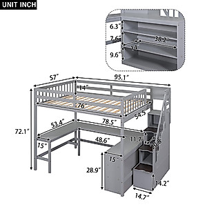 Merax Wood Full Size Loft Bed Frame with Built-in L Shaped Desk & 3 Storage Shelves & Attached Storage Stairs for Kids, No Box Spring Needed, Gray