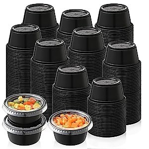 AOZITA 200-2 oz Black Jello Shot Cups, Portion Cups, Small Plastic Containers with Lids, Airtight Souffle Cups, Salad Dressing Container, Sauce Cups, Condiment Cups for Lunch, Party to Go, Trips