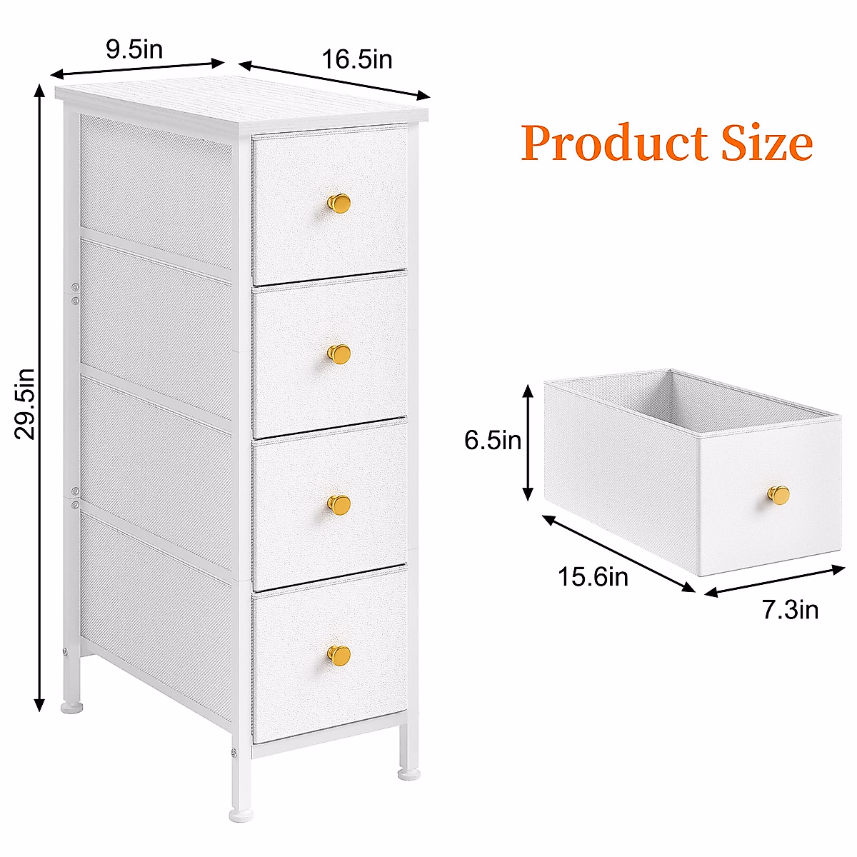 Fixwal Narrow Storage Cabinet, Narrow Nightstand Dresser with 4 Drawers, Slim Fabric Dresser Storage Tower for Small Spaces, White Dresser, for Bedroom, Bathroom, Living Room, Laundry, Closet