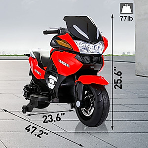 TOBBI 12V Kids Ride On Electric Motorcycle, Toddler Dirt Bike Training Wheels, Battery Powered Motorbike for Kids with LED Lights/Music/USB/Pedal, Ideal Gift for Children Boys Girls-Red