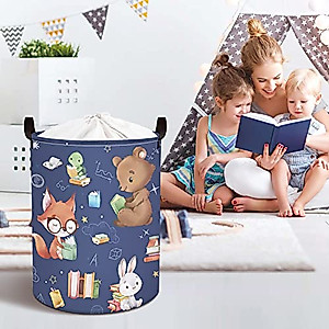 Clastyle 45L Lovely Animals Books Fox Turtle Bear Kids Laundry Hamper Rabbit Deer Koala Blue Round Toy Clothes Storage Basket for Children Room, 14.2x17.7 in