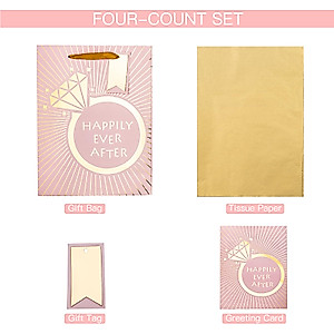 Loveinside Wedding Gift Bag with Tissue Paper, Gift Tag and Greeting Card for Wedding, Birthday, Party, and More - 10" x 5" x 13", 1 Pcs, Wedding Ring Pink