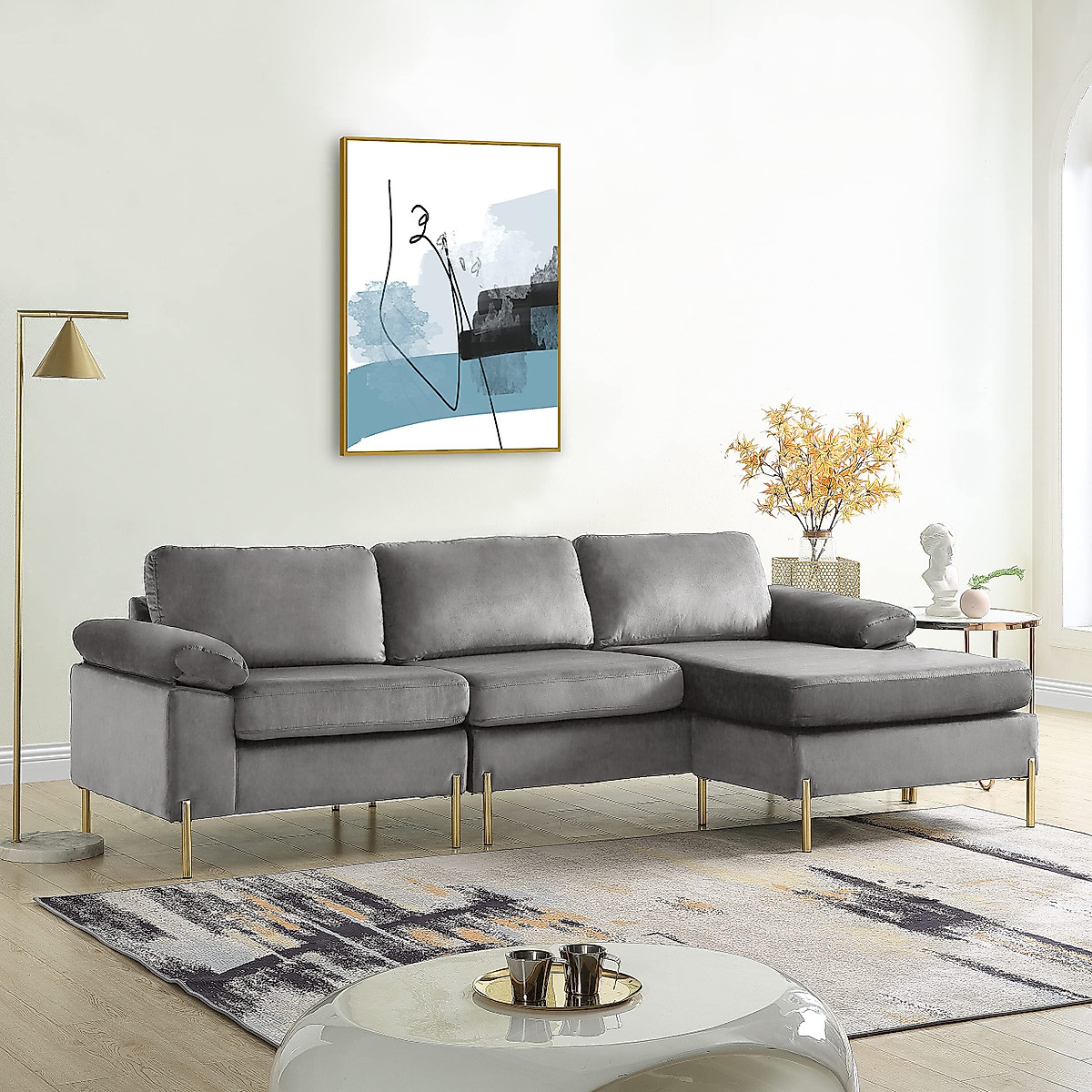 GINGVAT Velvet Upholstered Sectional Sofa, L-Shaped Chaise with Removable Back and Seat Cushions, Modern Style, Gray