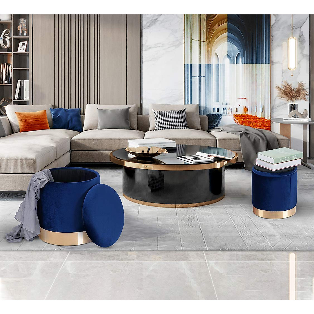 DEERUN Round Velvet Storage Ottoman Foot Rest Stool/Upholstered Footstool with Gold Plating Base,Pack of 2 (Blue)