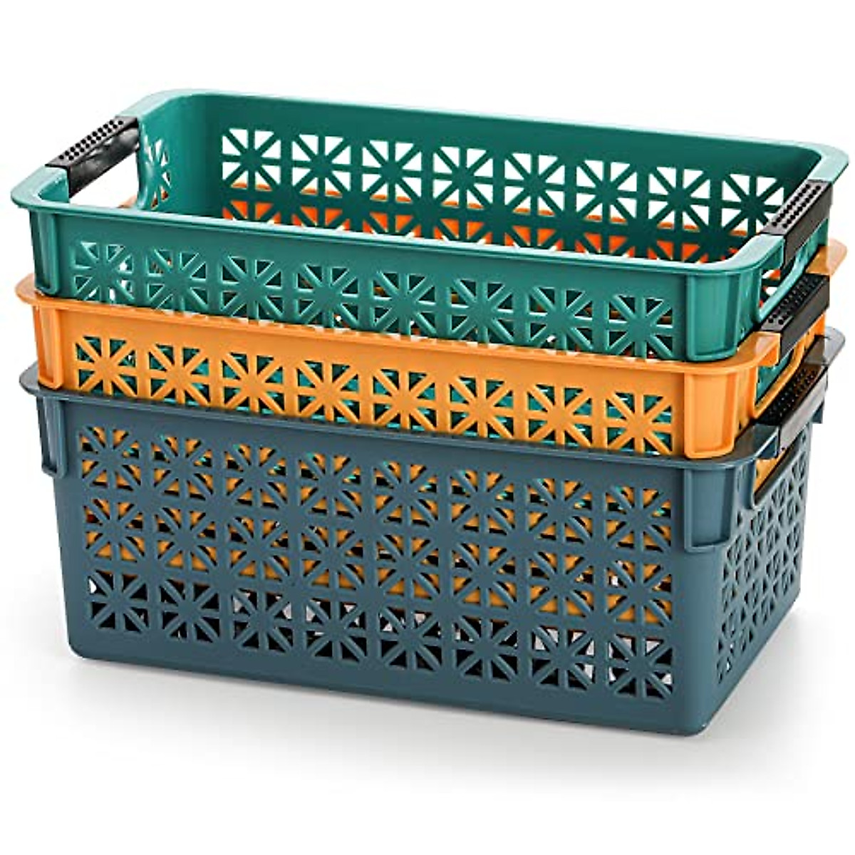 Yesland 6 Pack Plastic Storage Baskets Bins, 10.5 X 6 X 4.75 Inch Organizing Book Bins Baskets with Handle, Small Stackable Plastic Basket for Classroom or Home Organizing - Orange, Blue, Green