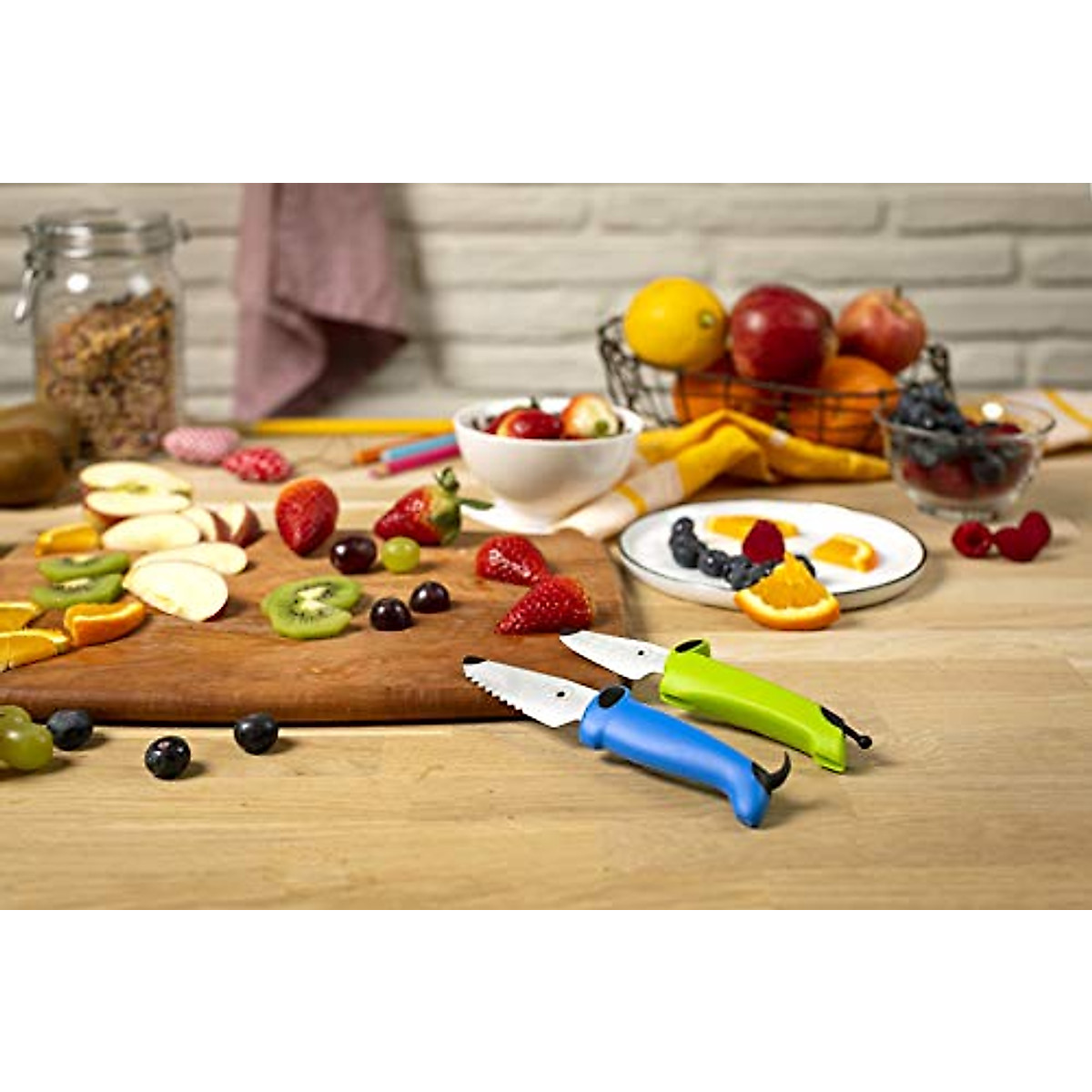 Kuhn Rikon KinderKitchen Children’s Knife, Set of 3 - Including Scissors, Green, Blue & White