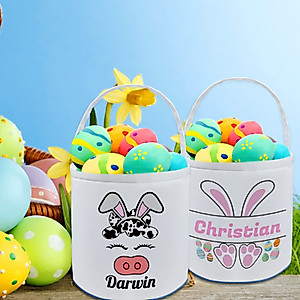 Personalized Buny Easter Basket with Name Custom Canvas Egg Bags for Kids Candy Easter Baskets for Baby Boys Girls-Blue