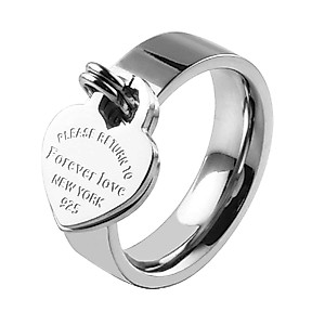 JINHUI Rings with Charms for Girlfriend, 6mm Heart Dangle Ring Graducation Gift 18k Gold Plated Ring Engraved Promise Ring Jewelry (Silver, 7)