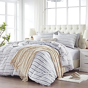 La Sheer 3pcs Striped Farmhouse Duvet Cover Sets King Size - Reversible White Duvet Cover with Grey Rugged Stripes Pattern Printed Comforter Cover,with Zipper Closure & Corner Ties