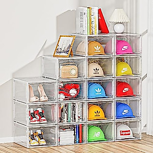 Hat Organizer Box Upgrade Harder Solid Plastic, 6 Pack Hat Organizer for Baseball Caps, Clear Hat Storage, Baseball Cap Organizer with Magnetic Door, Hat Rack, Hat Holder, Hat Case, Hat Box, White