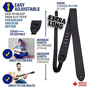 Perri's Leather Ltd. - Basic Leather Guitar Strap - Adjustable from 44.5″ to 64″ for Electric, Acoustic, Bass Guitars - Black (E20-177-XL)