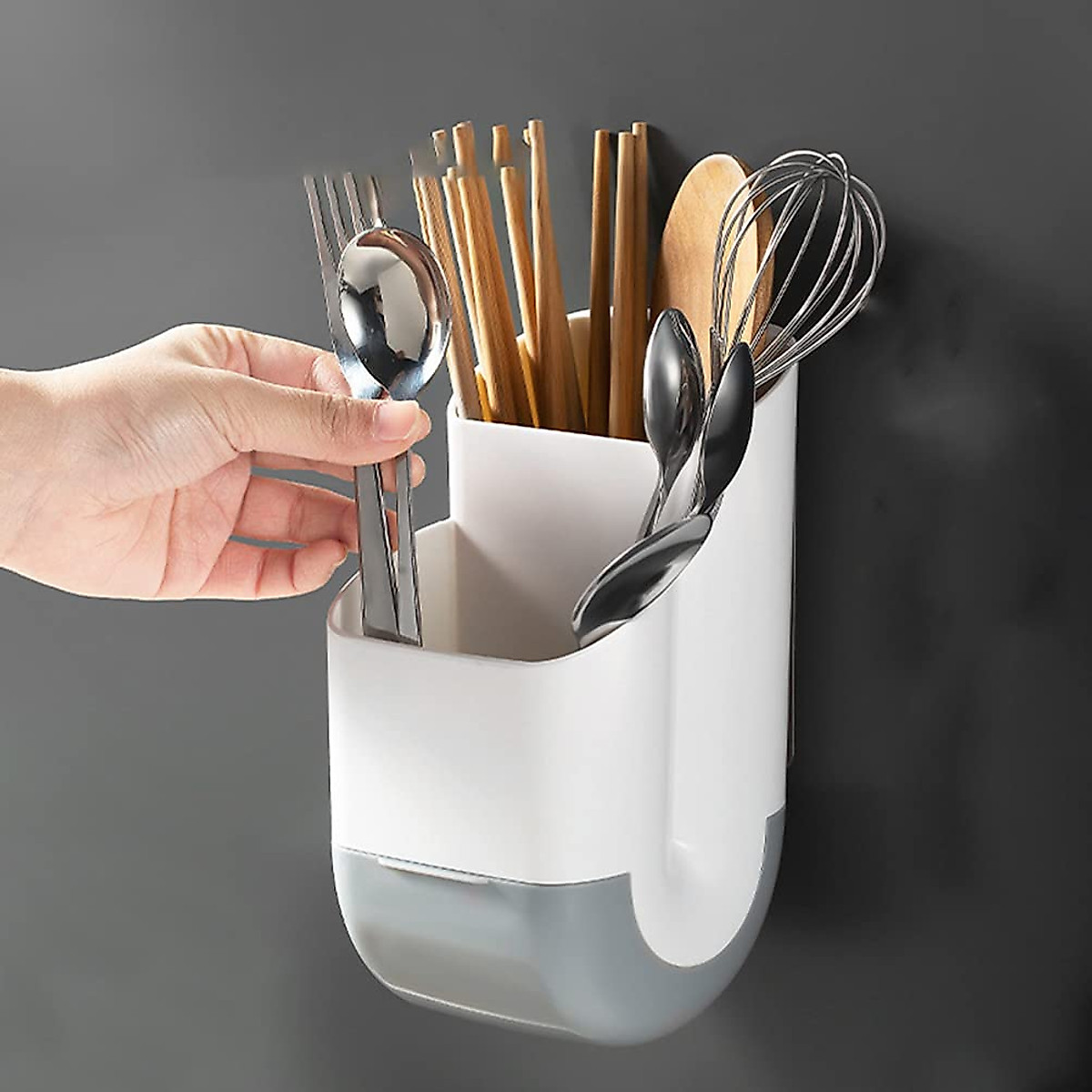 SOLUSTRE Hanging Utensil Wall Mount Utensil Drying Rack Plastic Utensil Holder Silverware Organizer Flatware Spoon Fork Storage Basket Kitchen Cutlery Drainer
