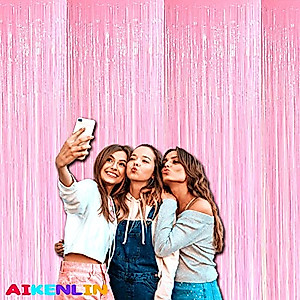 4 Pack Macaron Pink Foil Fringe Curtain Backdrop, 3.2Ft x 9.8Ft Metallic Tinsel Foil Fringe Streamers Curtains for Party, Photo Booth Prop, Birthday, Wedding, Christmas Party Decoration Supplies