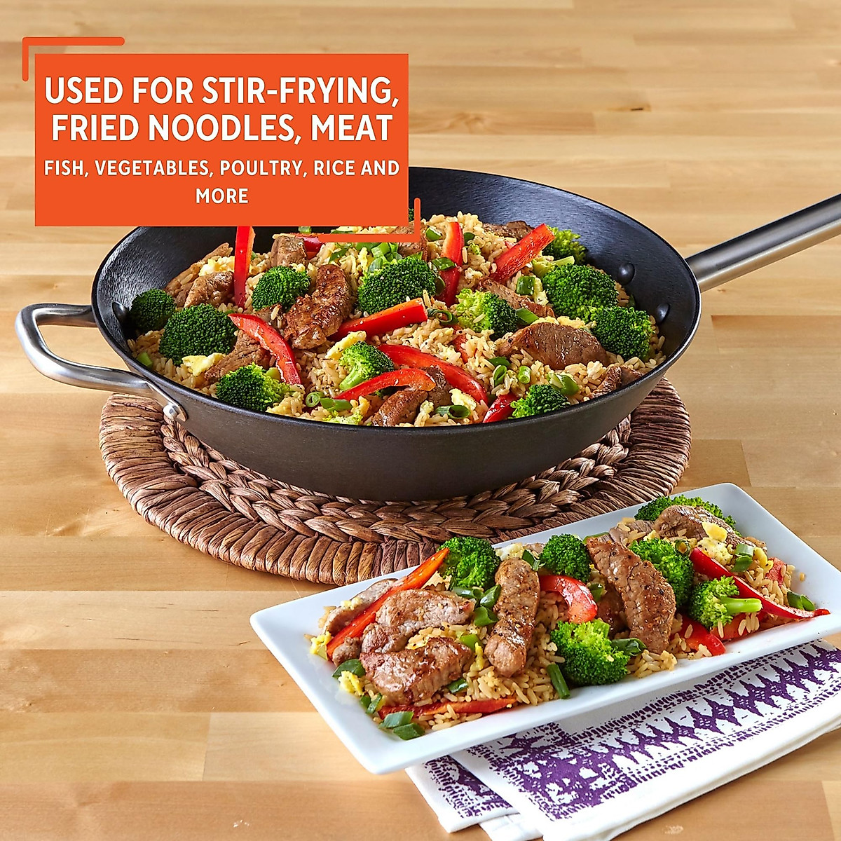 Imusa LCI-19008 Light Cast Iron Wok Pre-Seasoned Non-Stick with Stainless Steel Handles, 14", Black