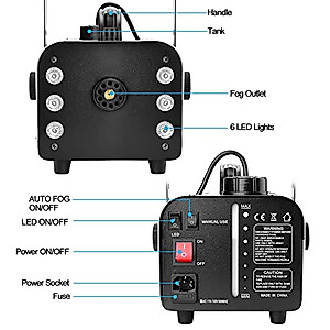 HAKUTA Fog Machine, 900W Automatic Spray Smoke Machine with 6 LED Lights and 7 Color Variation, 2000CFM Output with Wireless Remote Control for Wedding, Halloween, Parties and DJ Performance