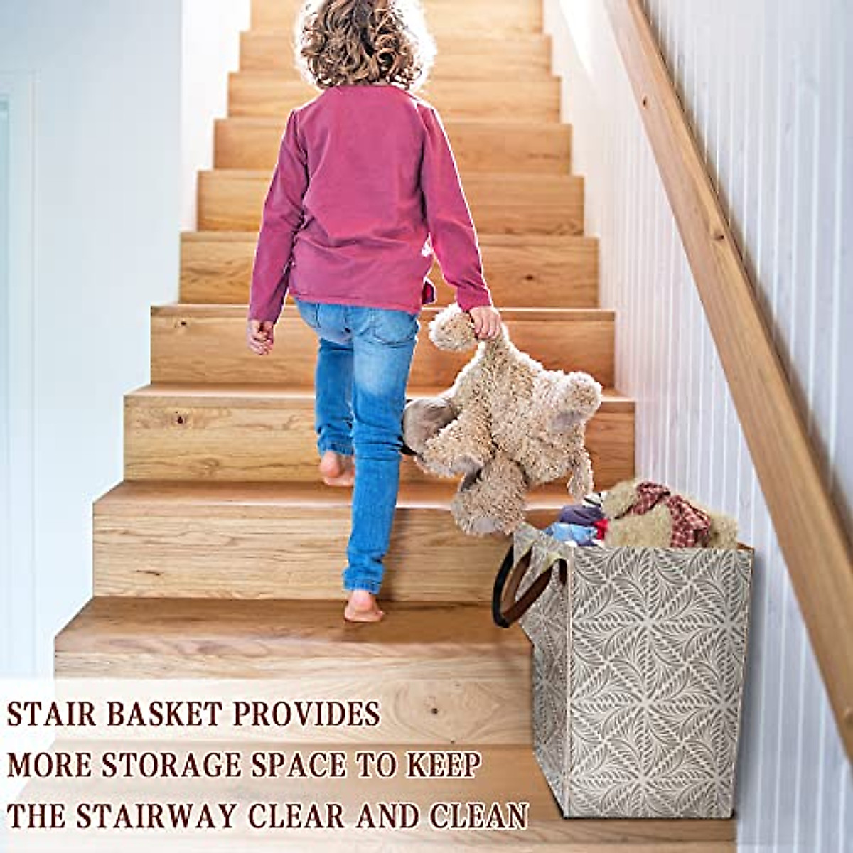 MIXNUS Stair Basket with Handles Felt Staircase Baskets for Carpeted and Wooden Stairsteps Stair Storage Organizer for Laundry Home and Office Decor, Beige