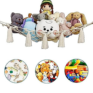 Stuffed Animal Toy Storage Hammock, BetterJonny Toy Hammock Macrame Stuff Animal Storage Corner Hanging Net Holder with Hanging Hardware for Plush Toys Kids Bedroom Décor 55 inch