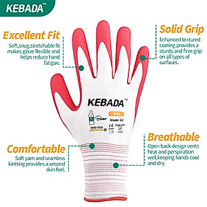 Kebada Gardening Gloves for Women, 6 Pairs Latex Coated Yard Gloves, Micro-Foam Textured Coating on Palm & Fingers, Breathable Womens Work Gloves, High Visibility, Medium, Aqua & Red