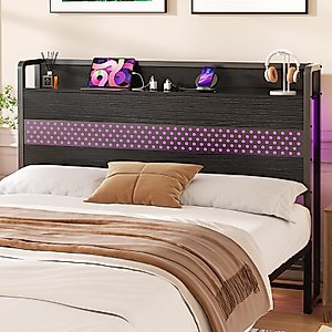 Aheaplus Headboard for Full Size Bed with USB Ports, Outlets and LED Lights, Full Headboard with Storage Shelf, Sturdy Metal Frame, Height Adjustable, Bed Frame Mount, Black