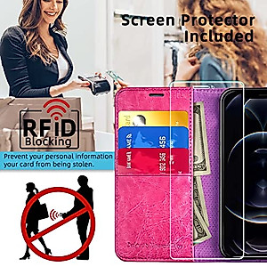 MONASAY iPhone 13 5G Wallet Case, 6.1-inch, [Glass Screen Protector Included] [RFID Blocking] Flip Folio Leather Cell Phone Cover with Credit Card Holder for Apple iPhone 13, Hot-Pink