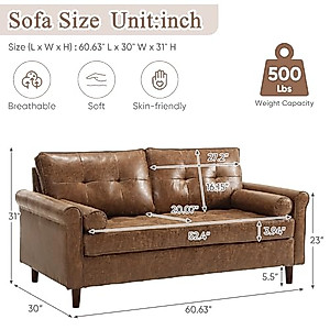 JEEOHEY Small Couch, 60 Inch Mid-Century Modern Faux Leather Upholstered Loveseat Sofa Furniture for Small Space, Living Room, Bedroom, 2 Throw Pillows, Rolled Arm, Back Cushion, Brown