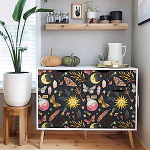BEETAL Black Navy Fantasy Magical Sun Moon Crystal Butterfly Mushroom Stars Peel and Stick Wallpaper Easy Peel Off Contact Paper Stick on Adhesive Wall Paper for Bathroom Waterproof Renter