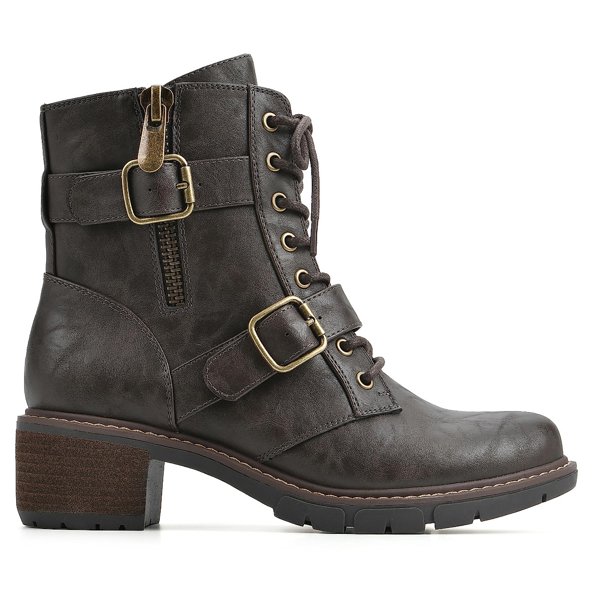 WHITE MOUNTAIN Women's Shoes Crank Block Heel Moto Boot, Dk.Brown/Smooth, 8 M