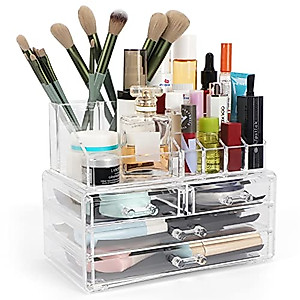 Unaone Clear Cosmetic Storage Organizer, Acrylic Makeup Organizer for Vanity Makeup Storage Organizer Display Cases, Lipstick Holder Organizer Stackable Cosmetic Organizer with 4 Drawers