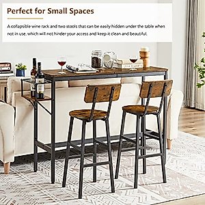 Tatub Bar Table and 2 Chairs Set, Industrial Style 3 Pieces Pub Dining Table Set with Collapsible Bottle Holder, 2 Bar Stools with Backrest for Kitchen, Apartment, Small Space