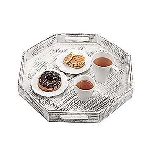 17.7 Inches Extra Large Octagonal Solid Wood Serving Tray with 4 Handles, Classic Tea Coffee Table Tray Breakfast Tray Wooden Decorative Ottoman Tray Serve for Snack Food Kitchen Party Bar White