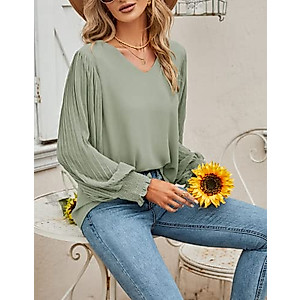 Aifer Women's V-Neck Long Sleeve Blouse - Sage Green, Sexy, Elegant, Classic Pullover Tunic for Work & Casual
