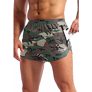 Pudolla Men’s Running Shorts 3 Inch Quick Dry Gym Athletic Workout Shorts for Men with Zipper Pockets(Camo Green Medium)