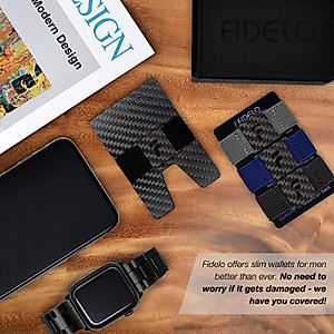 Fidelo Minimalist Wallet For Men - Slim RFID Blocking Mens Wallets Credit Card Holder. 3K Carbon Fiber. Compact Wallet Comes With 4 Cash Bands (Black, Dark Grey, Light Grey & Blue) - Prestige