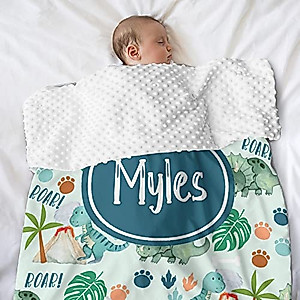 Dinosaur Custom Baby Blanket with Name Personalized Baby Blankets for Boys Girls Toddler Blanket Newborn Super Soft Comfy Patterned Minky with Double Layer Dotted Backing 35 x 45 Inch