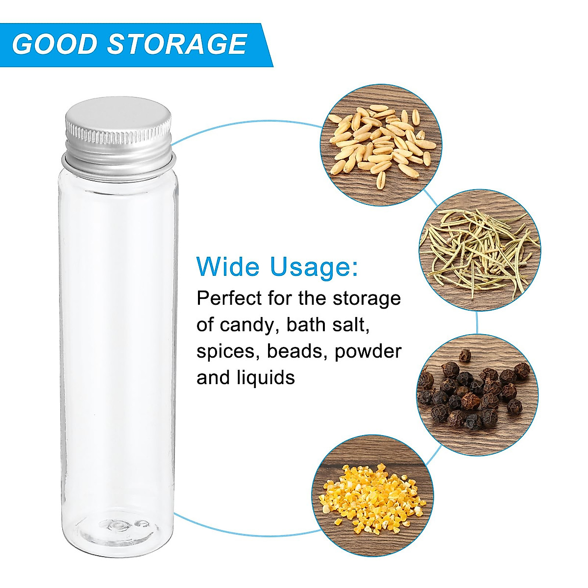 PATIKIL 80ml Plastic Test Tubes with Screw Caps, 6Pcs 128x33mm Flat Bottom Tubes for Scientific Party Decoration Candy Bead Storage Bath Salt, Silver Tone