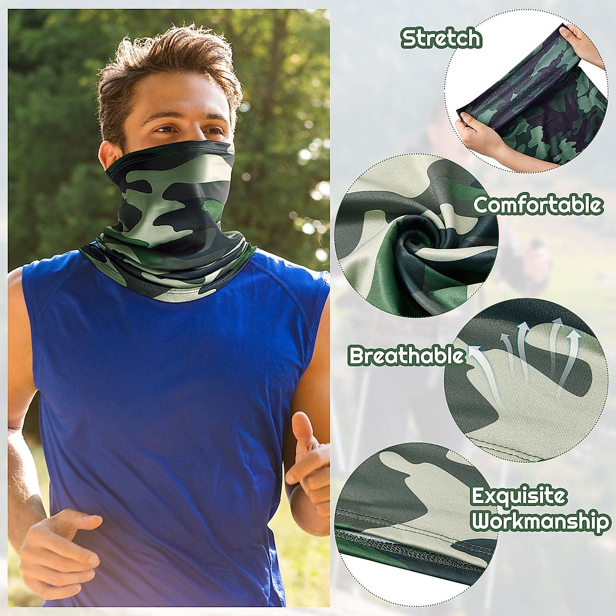 Tarpop 20 Pcs Headwear Seamless Bandana Face Masks, Head Wrap Neck Bandana, Breathable Face Cover Scarf Mask (Camo Style)