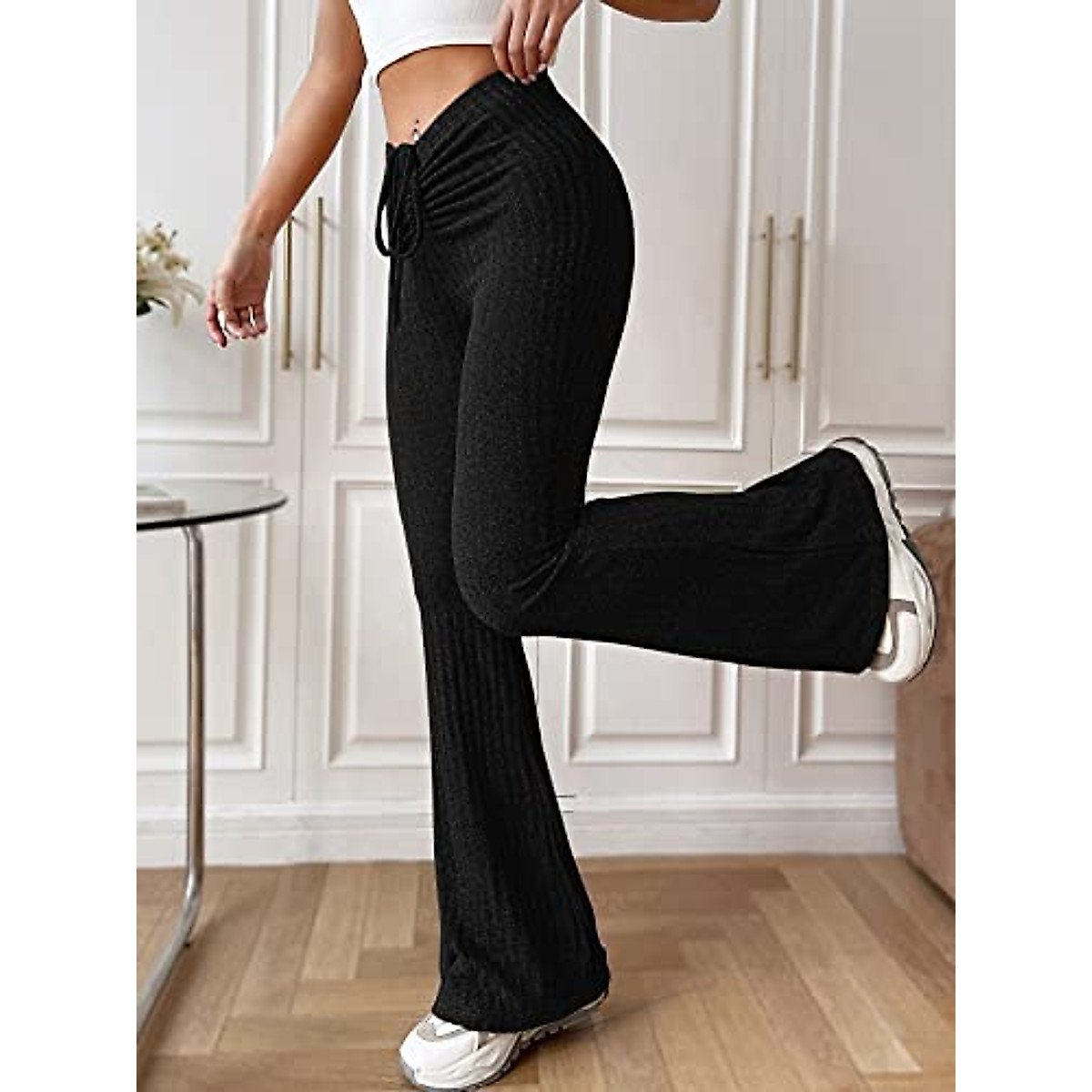 MakeMeChic Women's Drawstring High Waist Ribbed Knit Flare Pants Bootcut Yoga Pants Black S