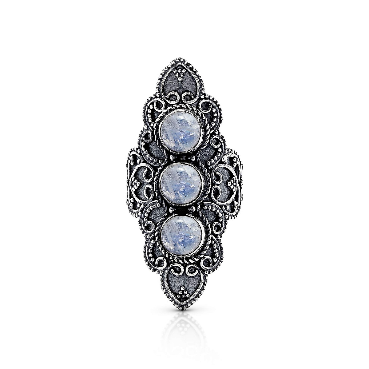 Koral Jewelry Moonstone 3 Stones Ethnic Vintge Gipsy Multi Stone Ring 925 Sterling Silver Vintage Tribal Gipsy Boho Chic (7)