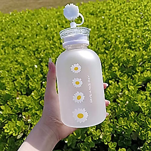 Cute Water Bottles Kawaii Aesthetic Water Bottles Milk Juice Daisy Glass Water Cup for Girls, Straw and 2 Lids, 16 oz (Four flower)